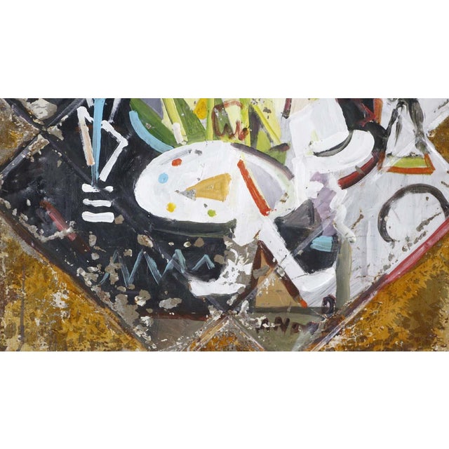 Mladen Novak Abstract Antique Tin Panel Painting | Chairish