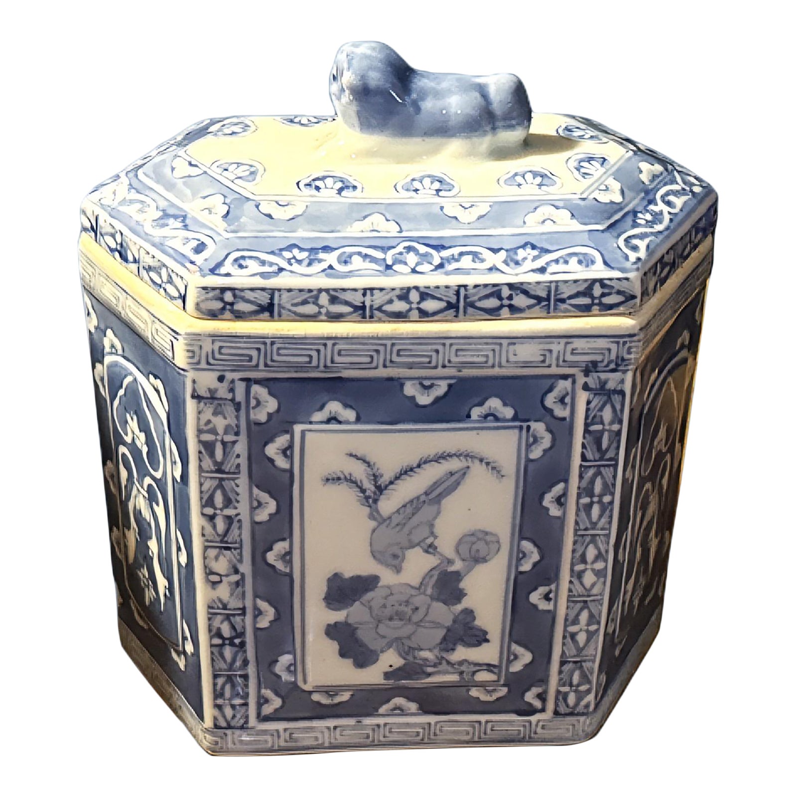 Early 20th Century Chinese Hexagonal Blue and White Tea Caddy | Chairish