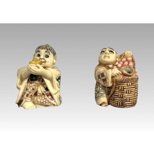 Chinese Netsuke - the Peach Seller and the Golden Ingot Bearer, a Pair ...