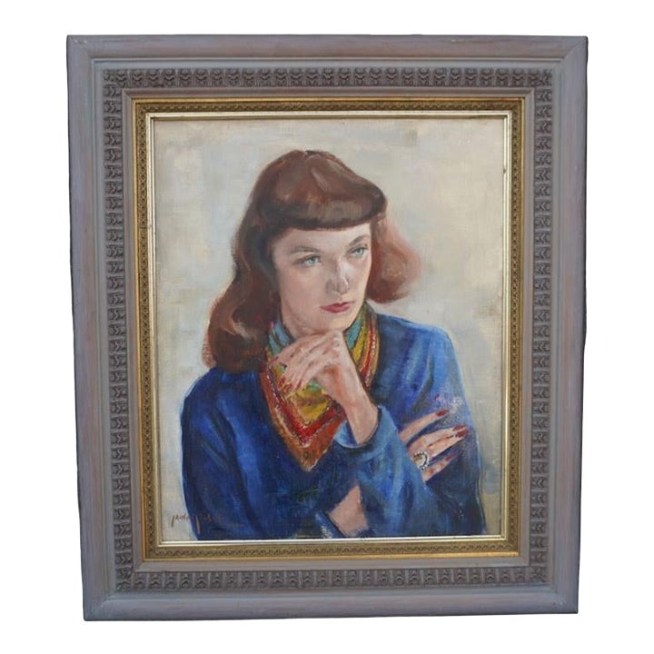 Mina Pulsifer - Anne in a Blue Dress, Oil on Masonite c.1948 | Chairish