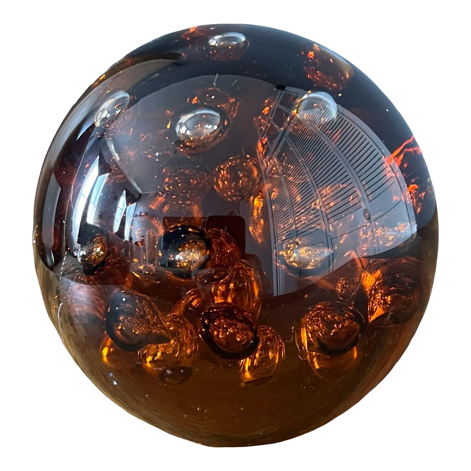 1960s Oversized Amber Controlled Bubble Paperweight | Chairish