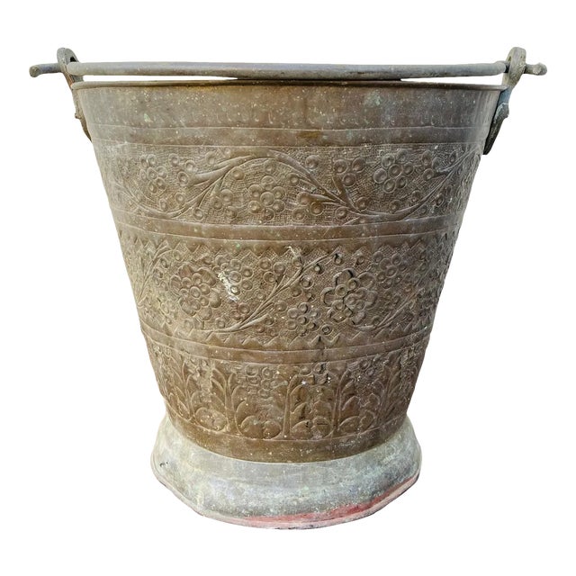 Early 1900s Asian Indian Antique Hammered Brass Bucket | Chairish