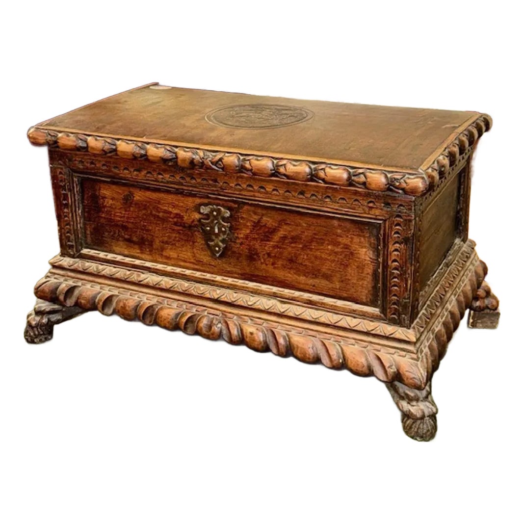 19th Century Italian Carved Walnut Coffer | Chairish