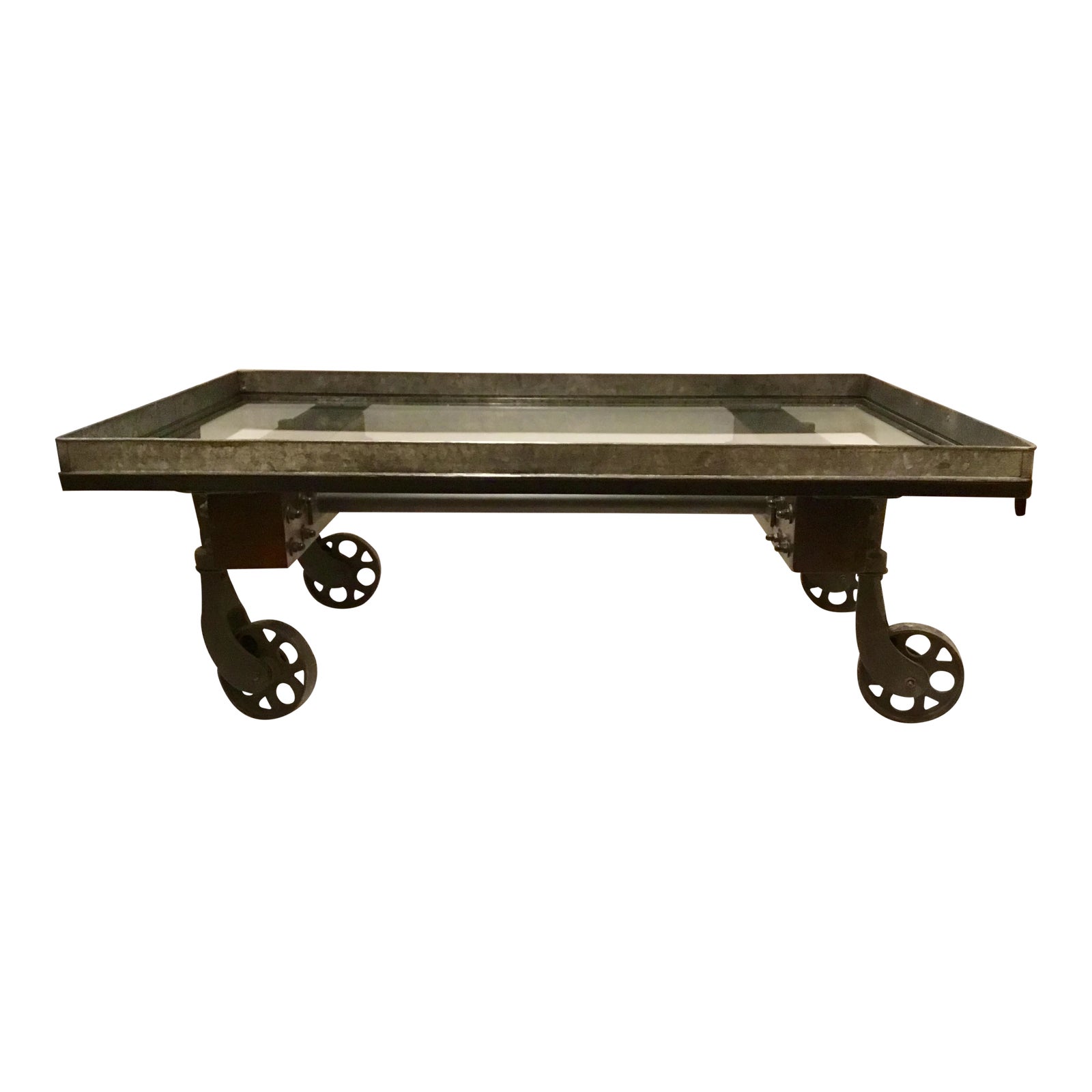Industrial Modern Cocktail Table on Wheels | Chairish