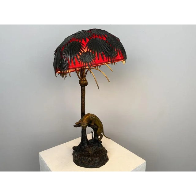 Art Deco Table Lamp with Figure of Big Cat-Puma in Bronze from Tusco ...
