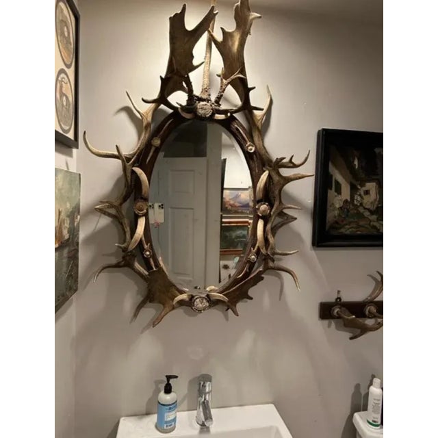 Late 19th Century Oval Shape Antler Mirror With Carved Rosettes of Fox ...