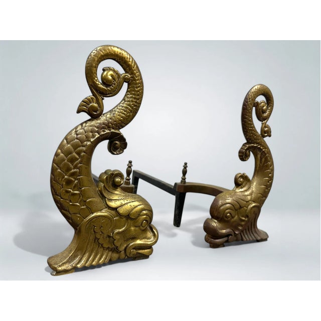 Pair of Brass Dolphin Form Andirons, Late 19th Century | Chairish