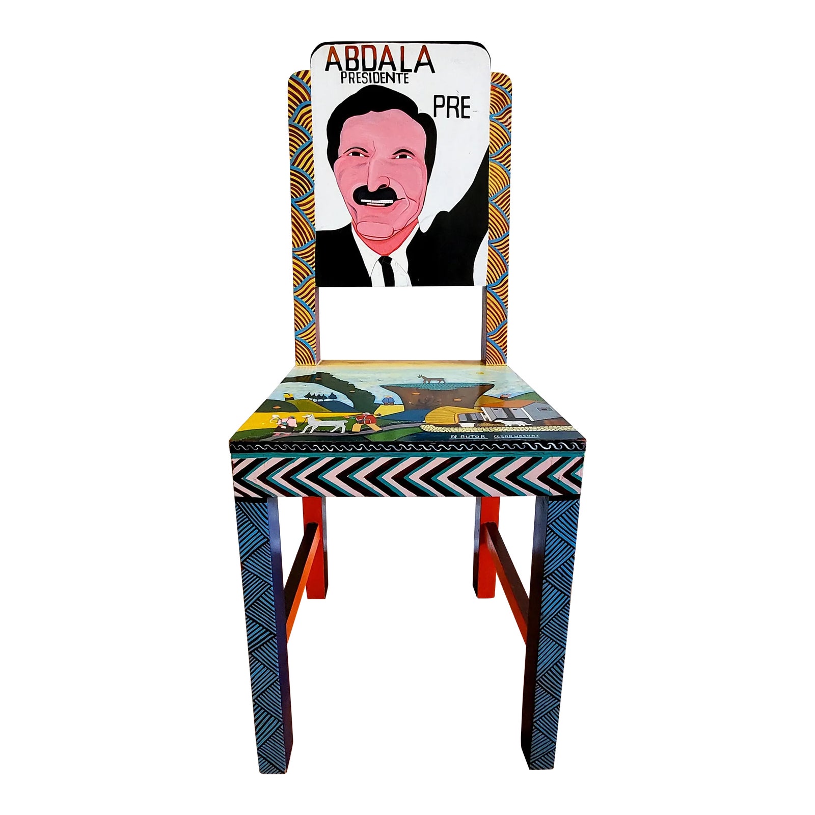 1990 Handpainted Political Folk Art Chair From Ecuador, Signed | Chairish
