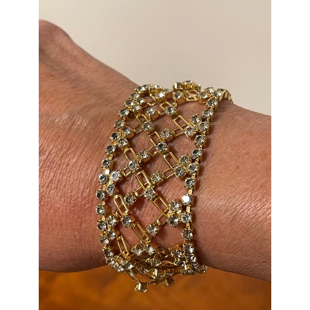 1980s Sparkly Art Deco Style Crosshatch Crystal Gold Bracelet | Chairish