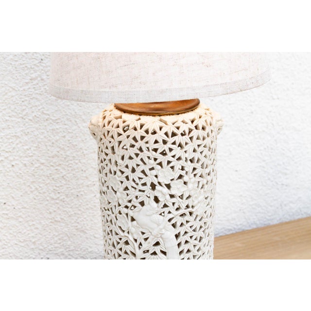 Alabaster White Lattice Bloom Porcelain Lamp | Chairish