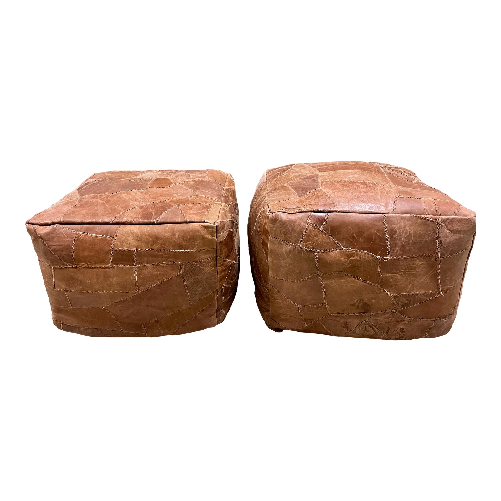 1970s Pair of Vintage Leather Patchwork Poufs | Chairish