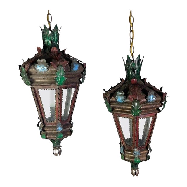 Pair of Spanish Revival Painted Lanterns C. 1940's | Chairish