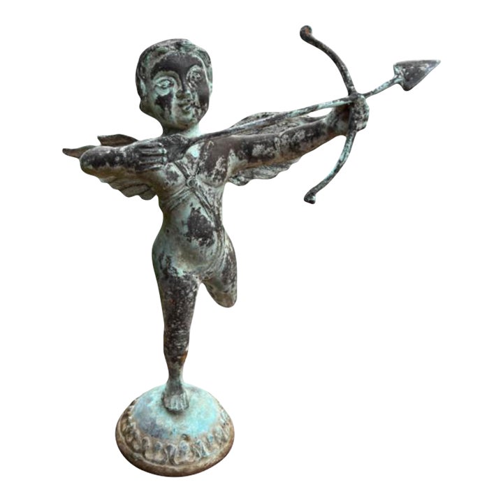 Vintage Verdigris Cast Metal Cupid Garden Statue | Chairish