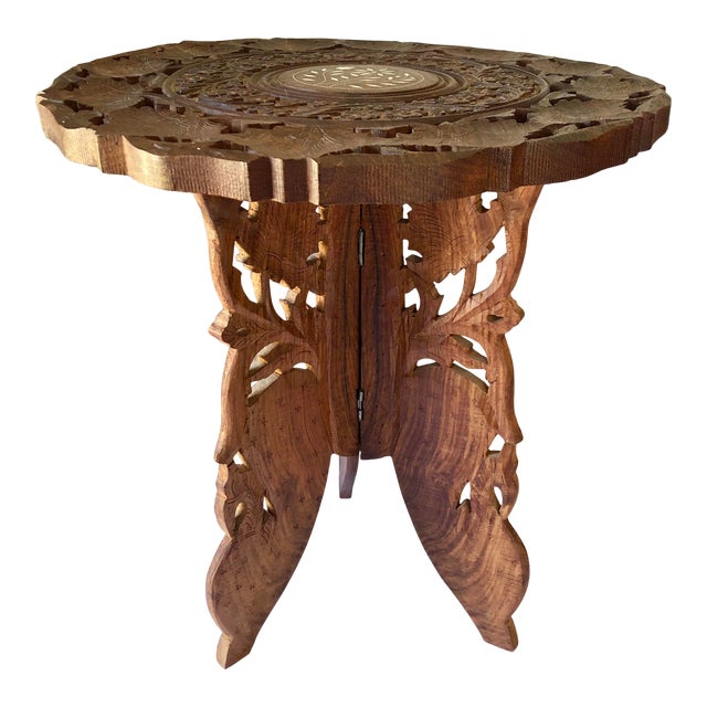 Middle Eastern Syrian Inlaid Carved Wood Table | Chairish