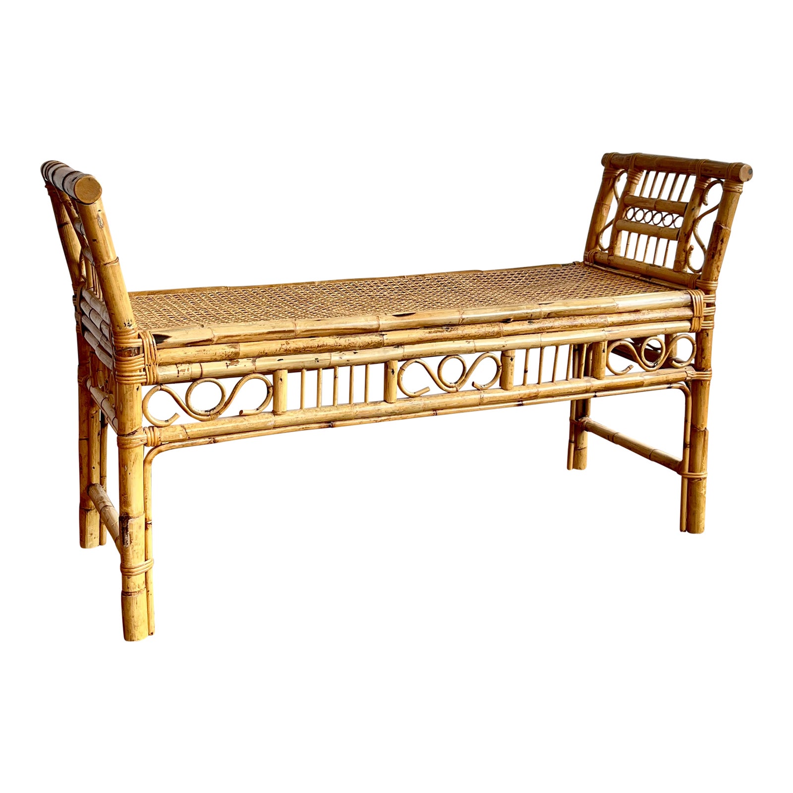1970s Vintage Bamboo & Caned Brighton Style Bench | Chairish