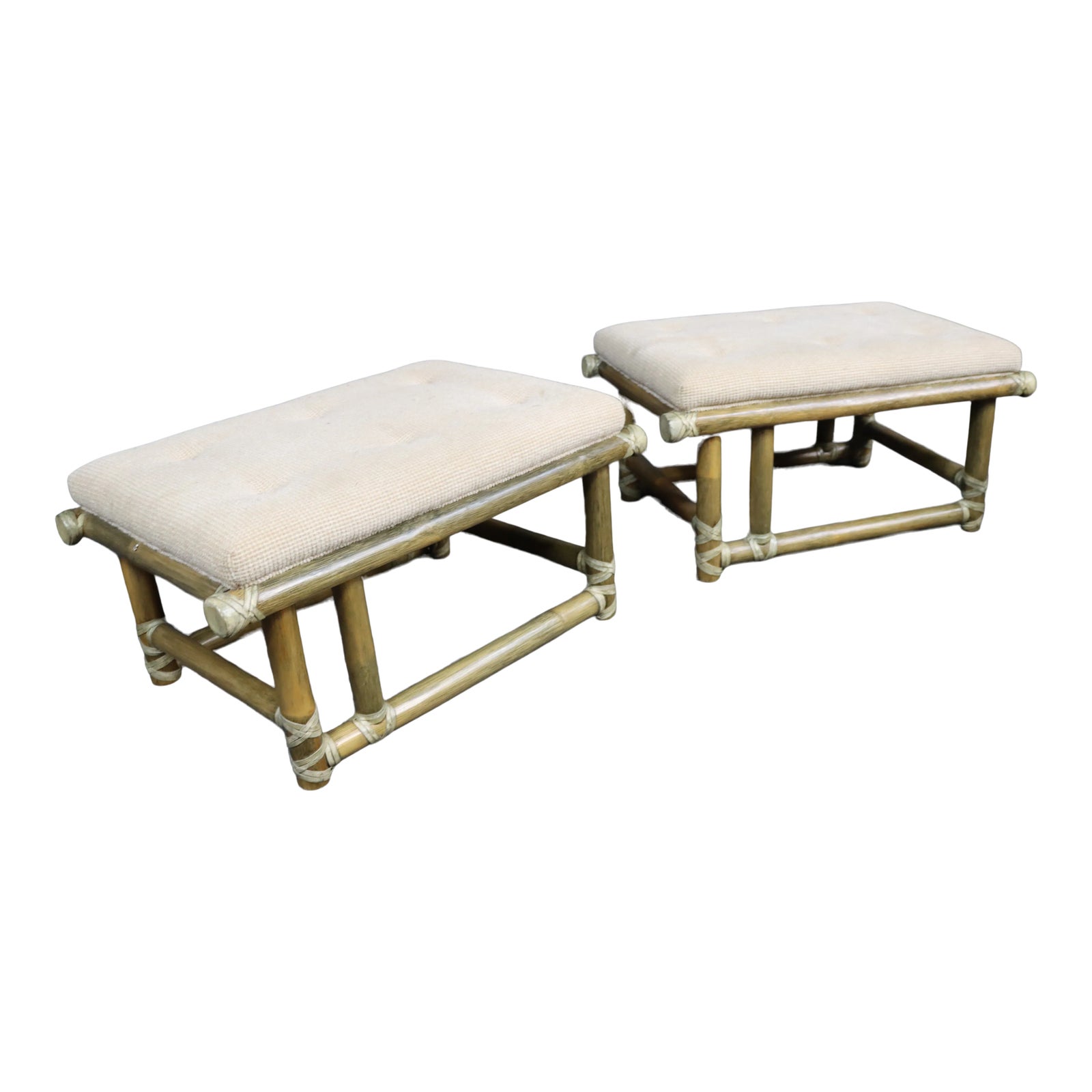 McGuire Bamboo Upholstered Footstools | Chairish