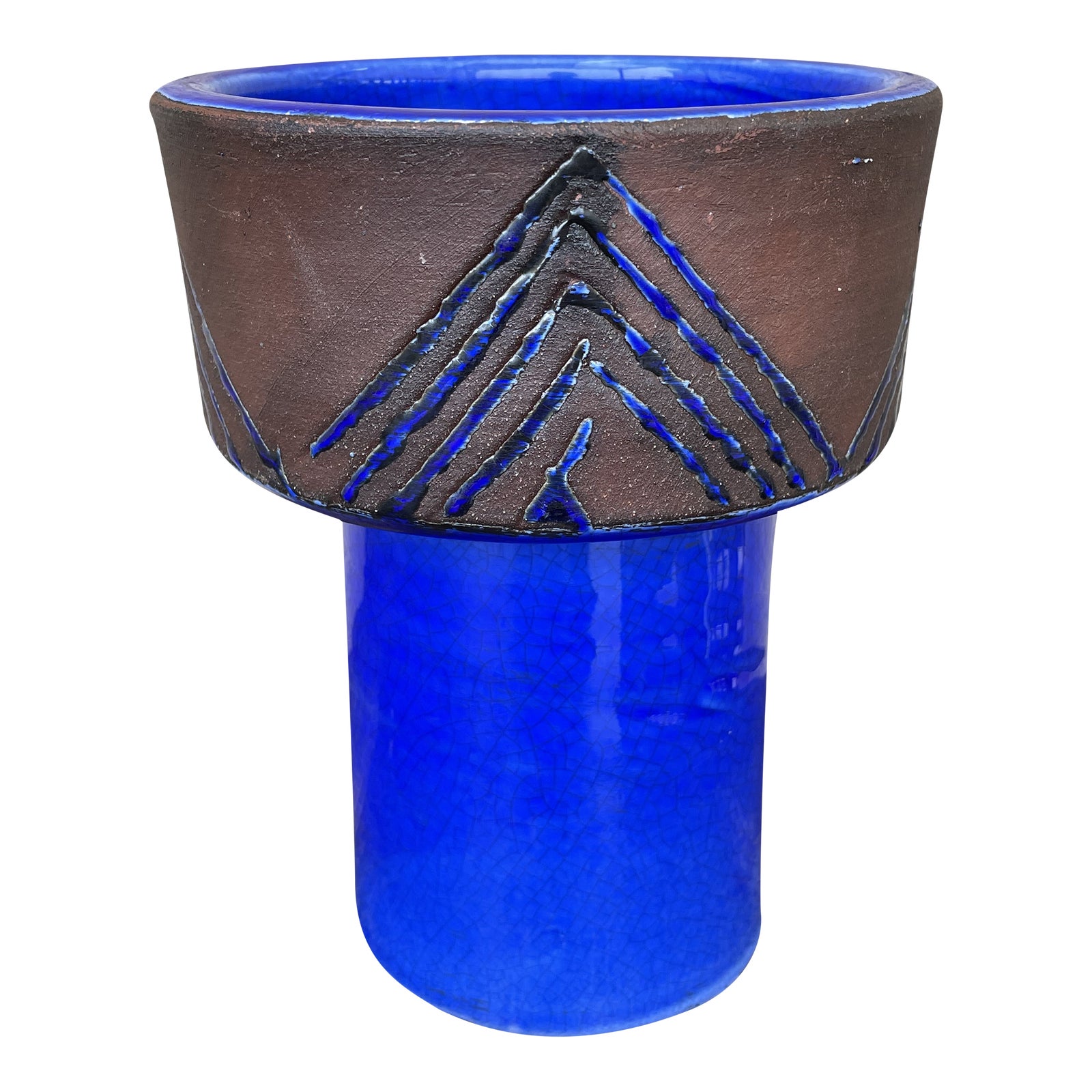Cobalt Blue Crackle Glaze Raku Vase | Chairish