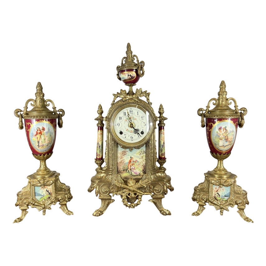 Lancini Imperial Ormolu Porcelain Gilt Brass Mantle Clock Garniture ...