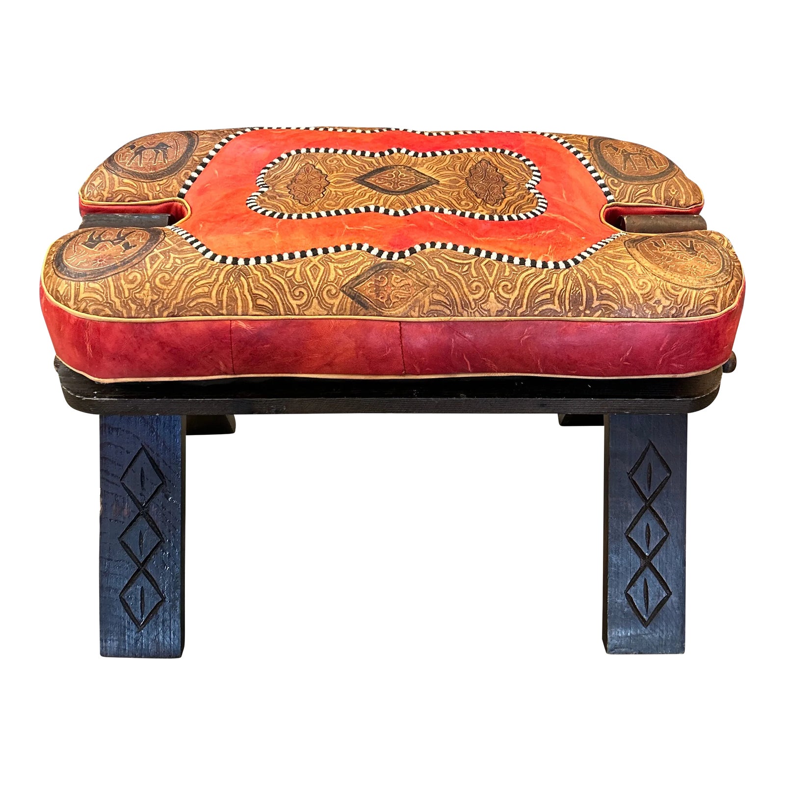 Moroccan Hand Made Leather and Wood Bench | Chairish