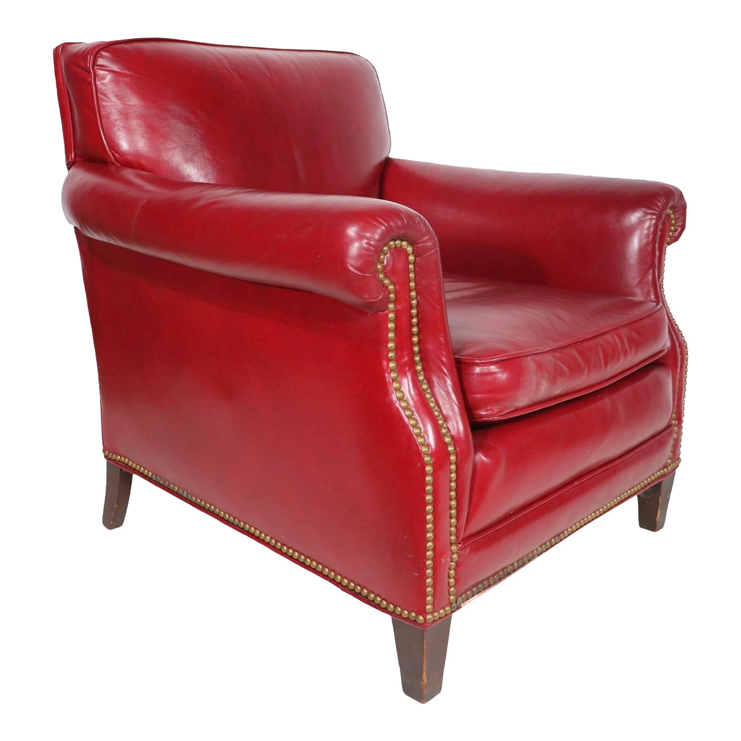 Red Leather Club Chair With Brass Nailhead Trim | Chairish