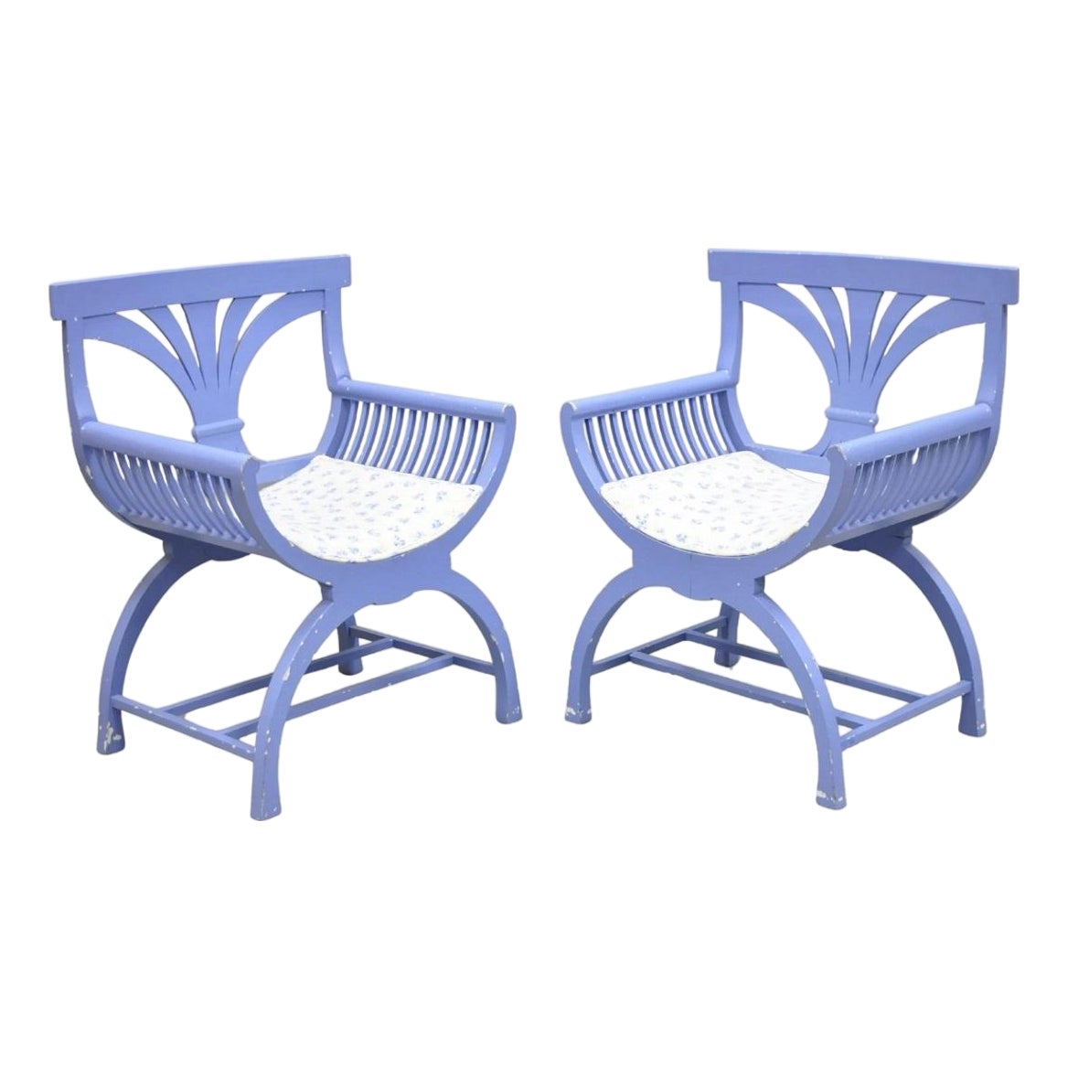 Vintage Hollywood Regency Italian Style Blue Curule X-Frame Arm Chair ...