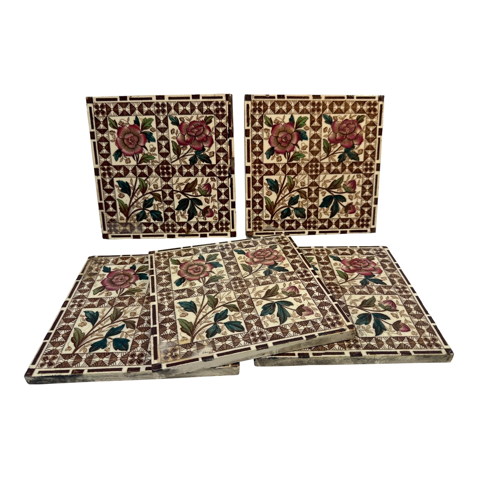 Antique English Glazed Ceramic Tiles With Red Roses, Polychrome ...