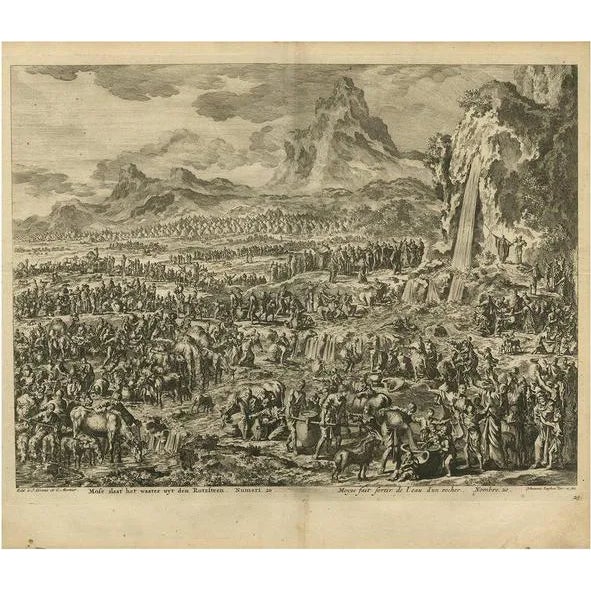 J. Luyken, Bible Scene: Moses Strikes Water from the Rocks, 1743, Print ...