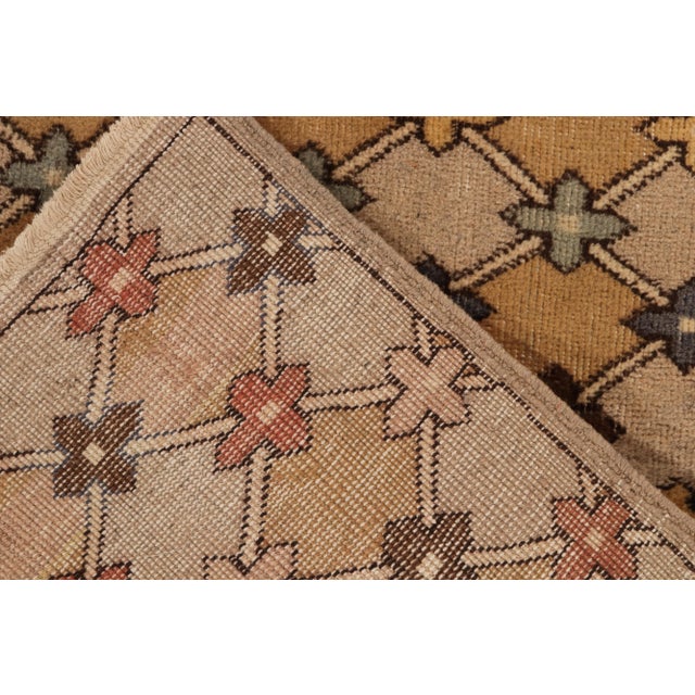 1960s Vintage Distressed Deco Rug in Beige-Brown, Gold, Blue Geometric ...