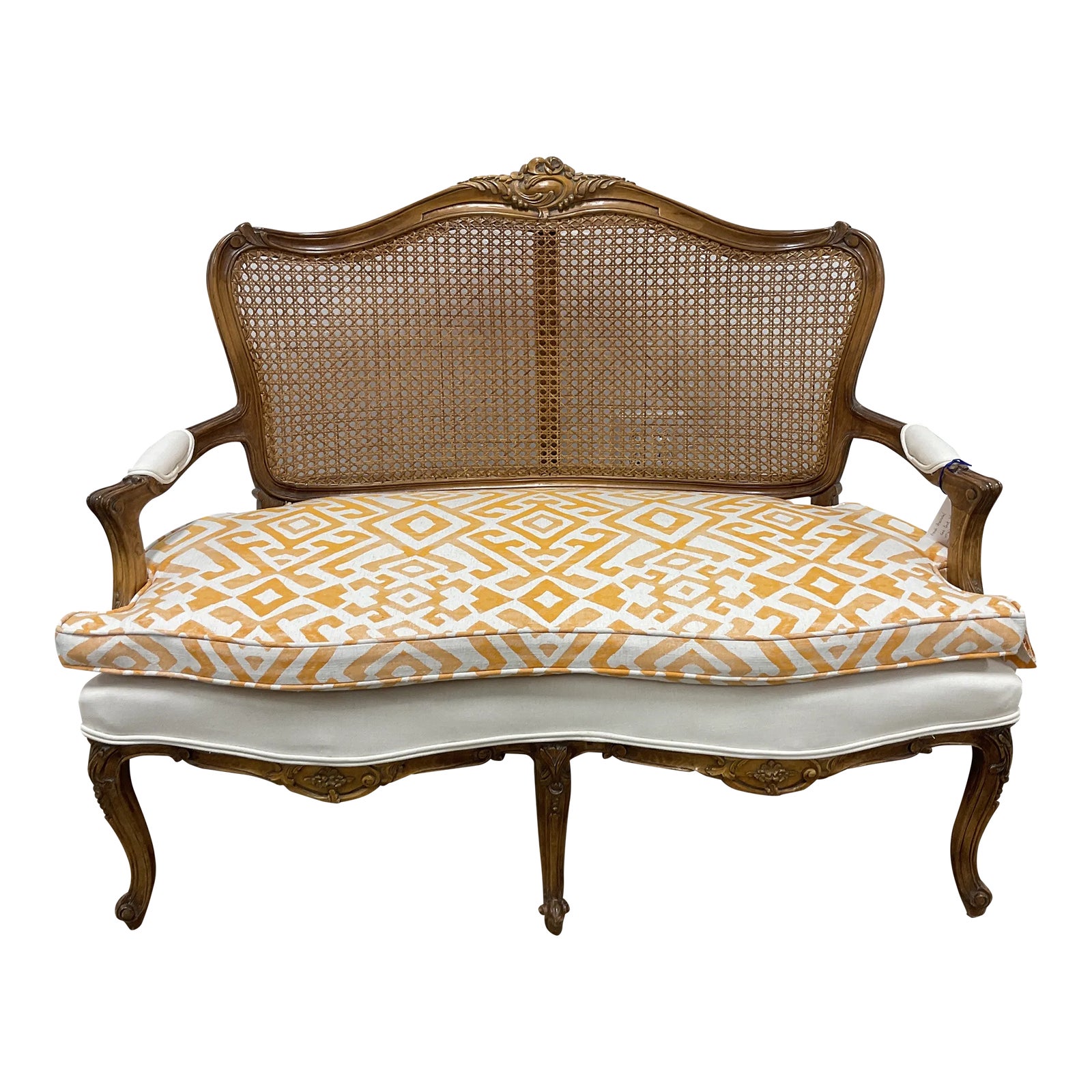 1920s French Cane Back Upholstered Settee | Chairish