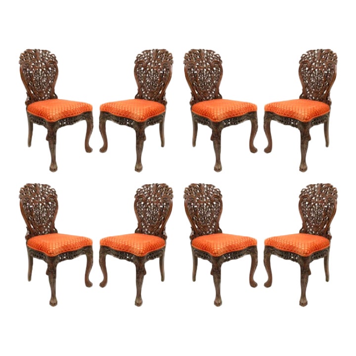 Asian Burmese Walnut Side Chairs - Set of 8 | Chairish