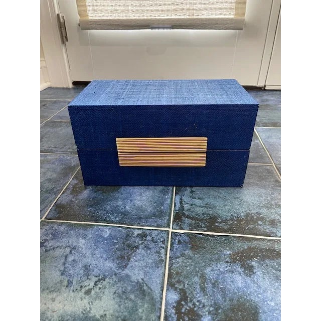 Large Blue Raffia Decorative Boxes With Gold Accents- Set of 2 | Chairish