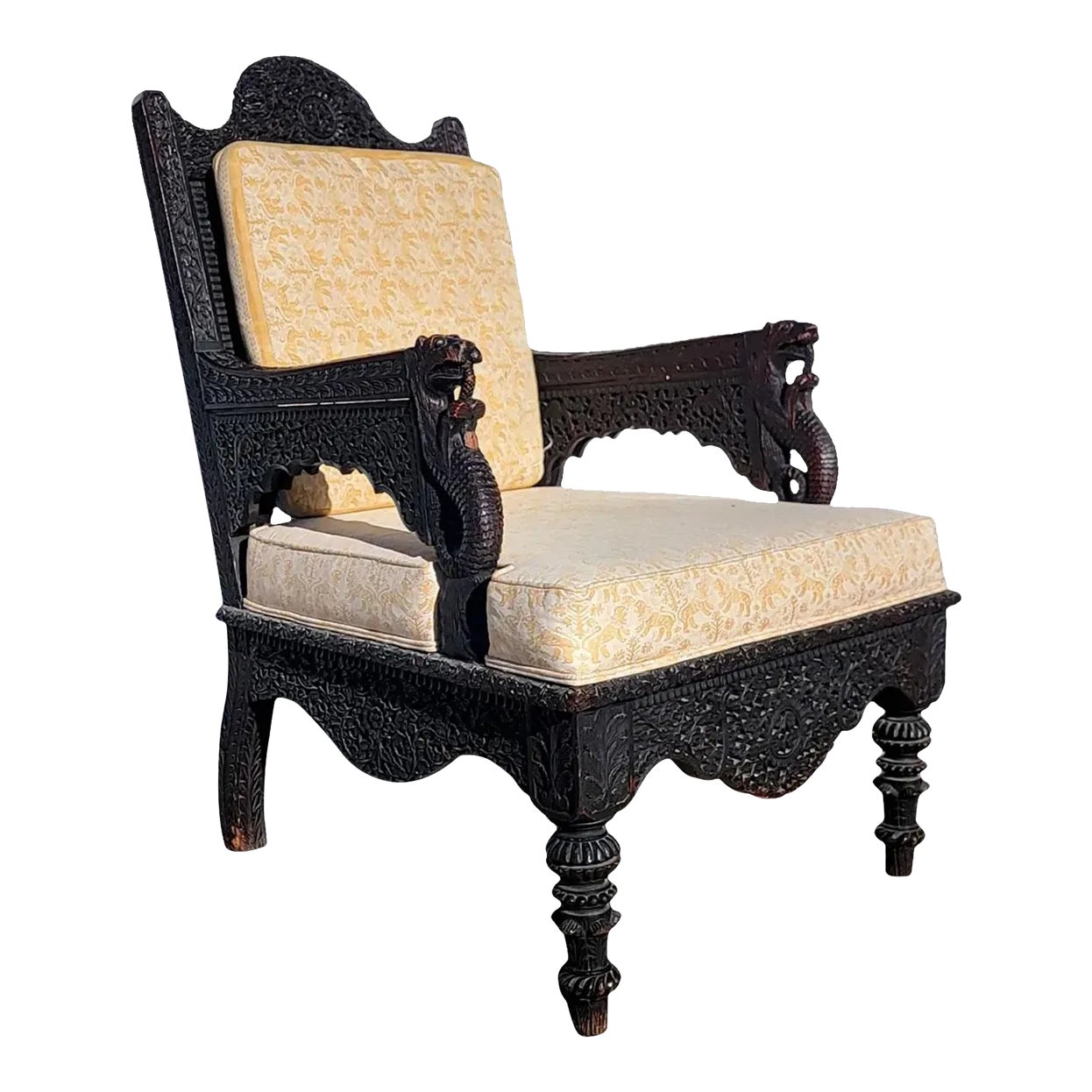 Anglo Raj Carved Rosewood and Upholstered Fortuny Silk Armchair | Chairish