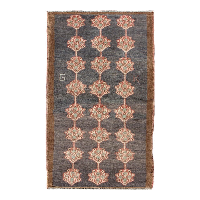 Vintage Turkish Tulu Rug With Three Rows of Flowers on Gray & Charcoal ...
