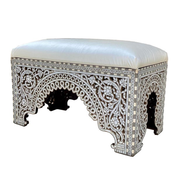 1990s Vintage White Mother of Pearl Inlaid Bench | Chairish