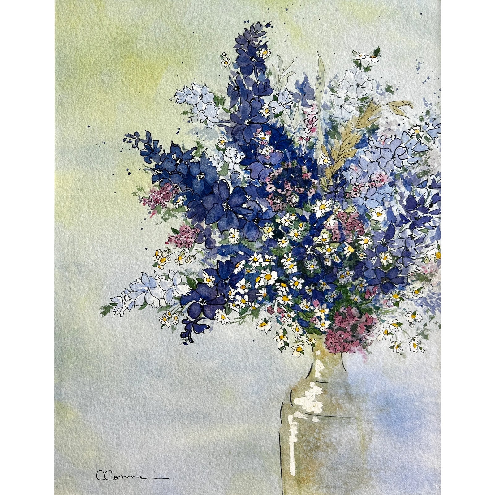 Watercolor Ink and Wash Painting “Blue Larkspur” Giclee Print | Chairish