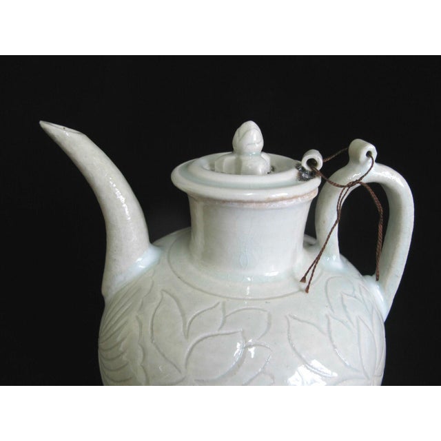 Chinese Celadon Green Glaze Pottery Wine Jug Pot W/Lotus Leaf Floral ...