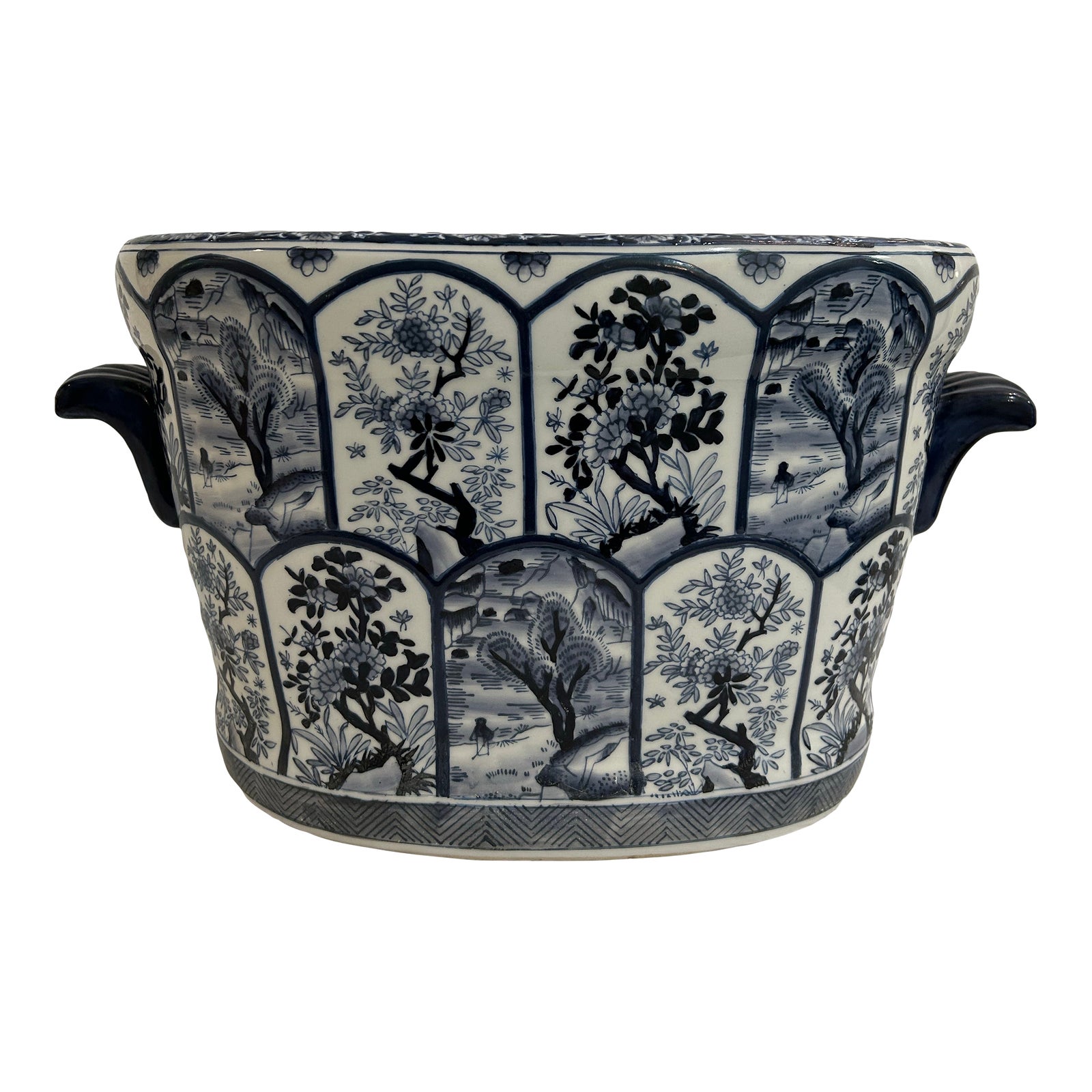 Vintage Large Blue and White Chinoiserie Porcelain Cache Pot or Indoor ...