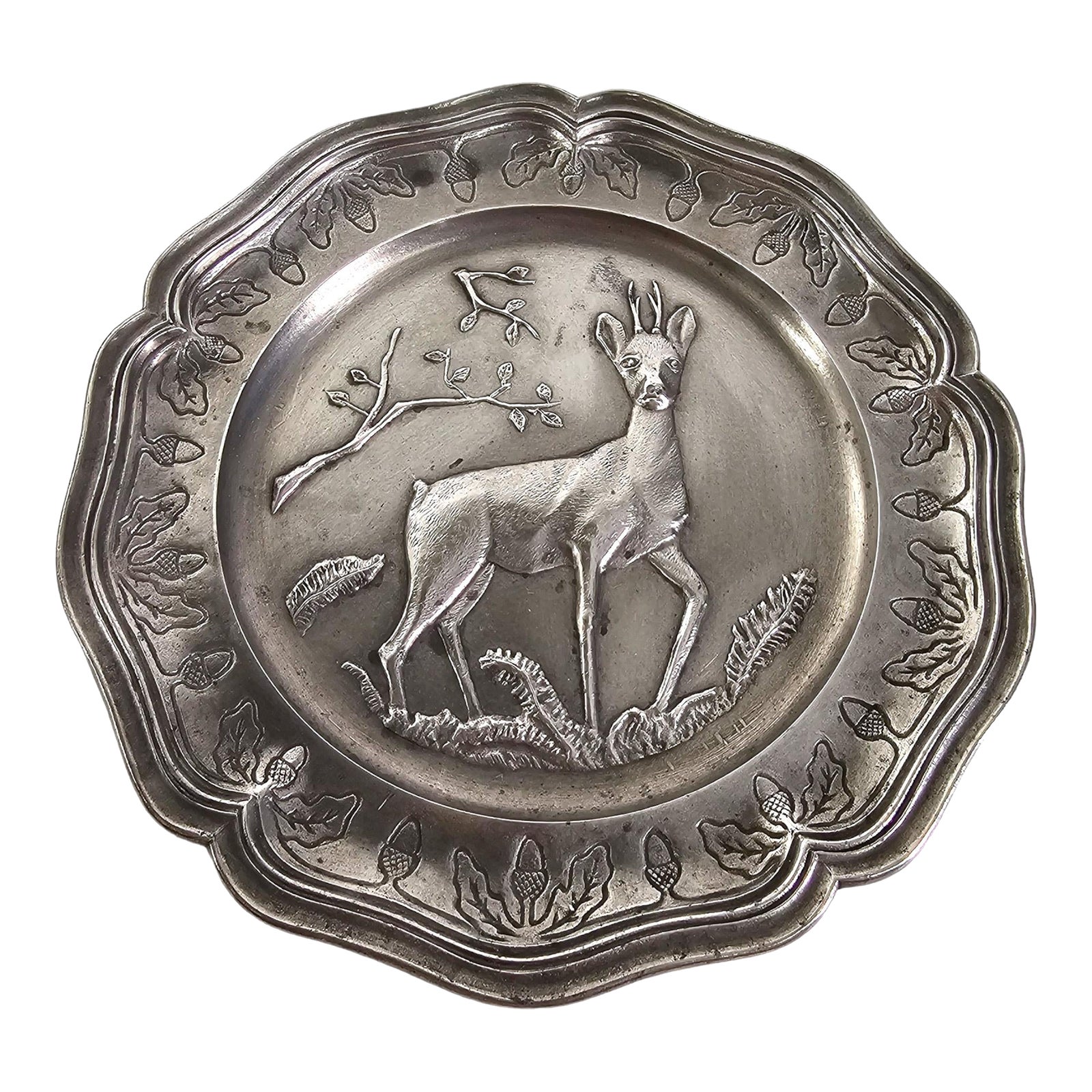 French Decorative Pewter Deer Pattern Wall Plate | Chairish