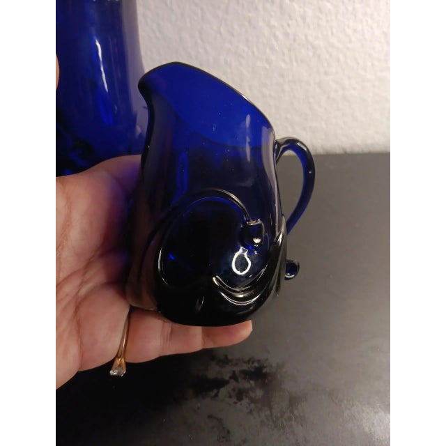 1980s Signed Mexican Blown Art Glass Pair Of Cobalt Blue Pitchers Set