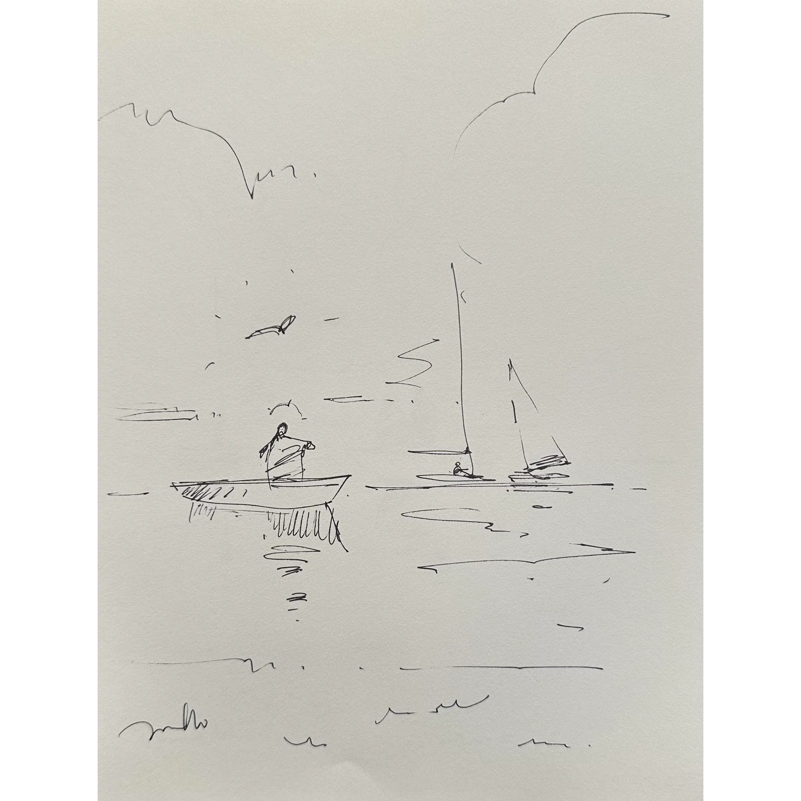 Jose Trujillo Expressionist Pen Ink Paper Drawing of Boats | Chairish