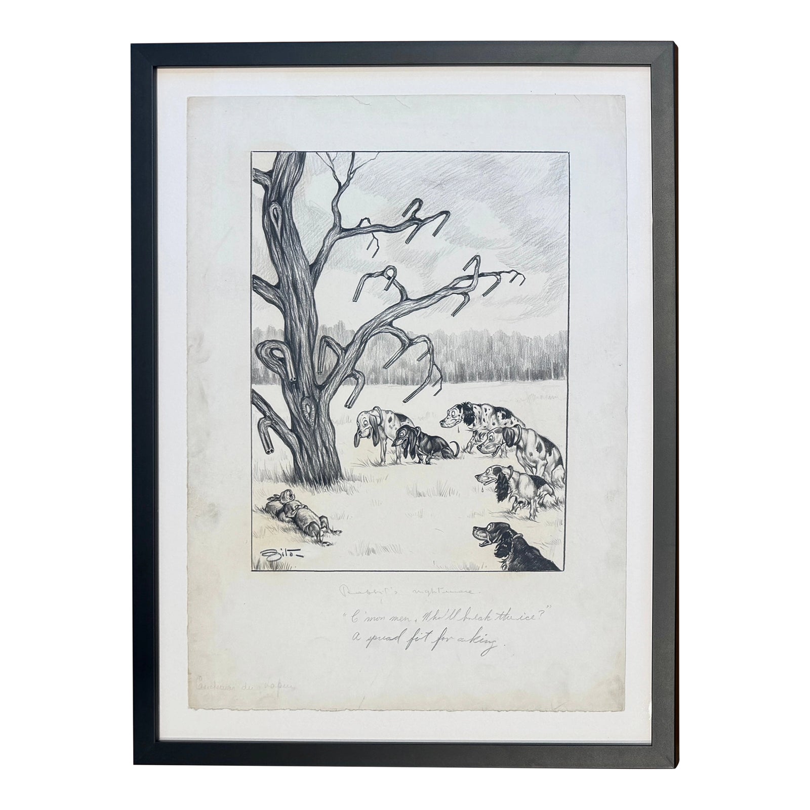 Framed Whimsical Rabbit Hunting Dog Scene by Vincenzo Zito, 1950’s ...