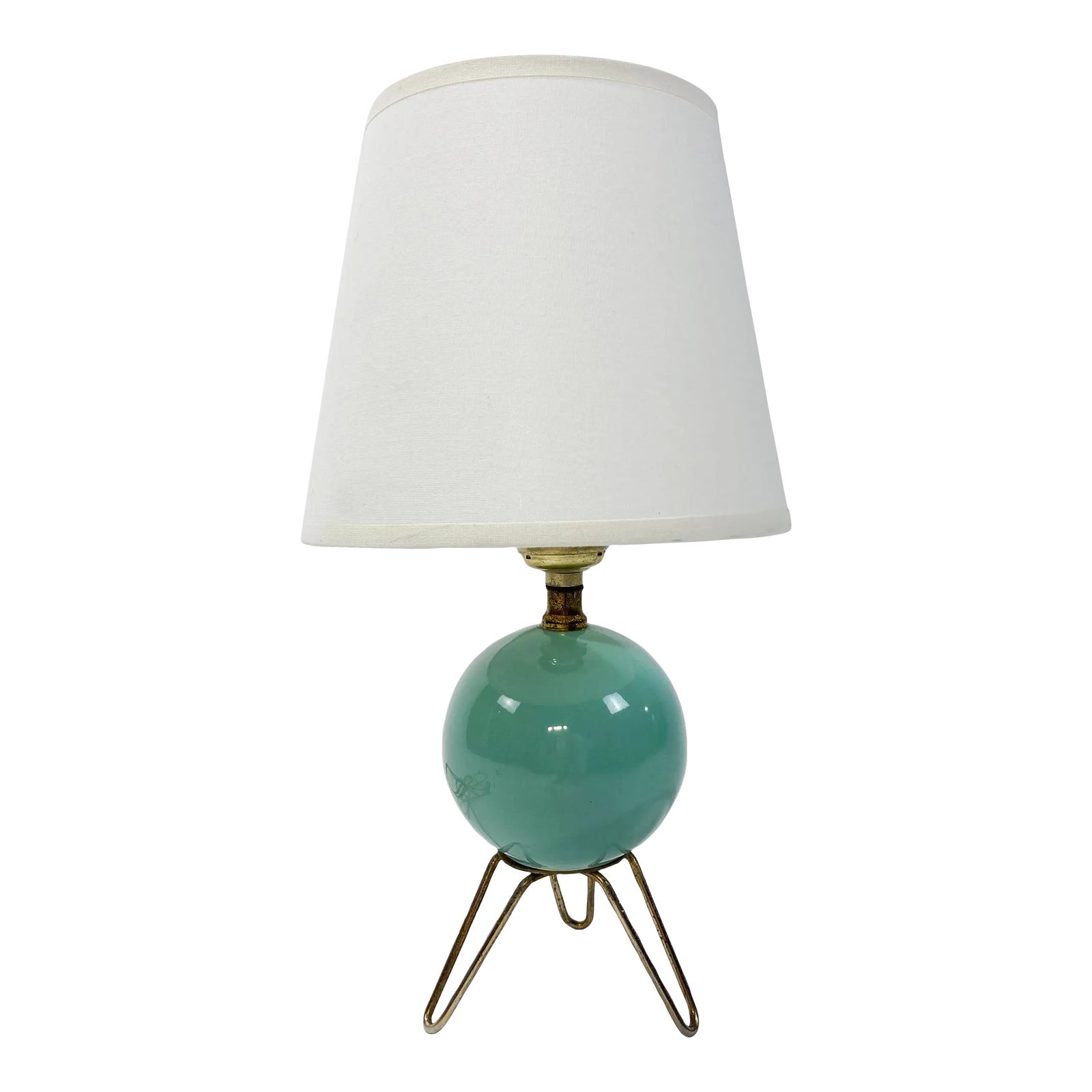 Vintage Atomic Turquoise Ceramic and Brass Tripod Task Lamp | Chairish