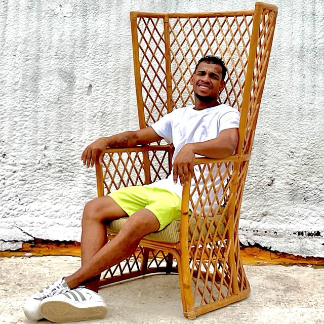 Vintage Coastal Trellis Rattan Wingback Chair | Chairish