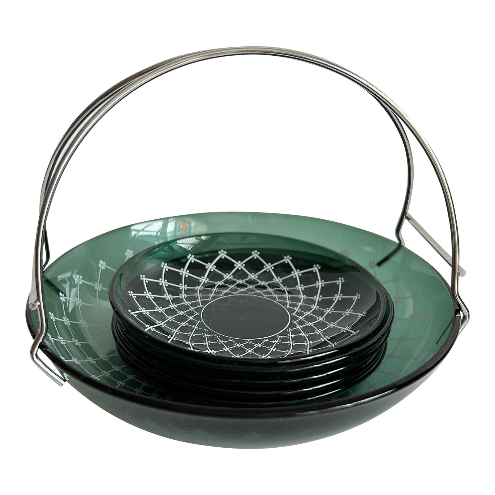 Mid Century Modern Smoke Green Glass Coasters With Carrier- 6 Pieces ...