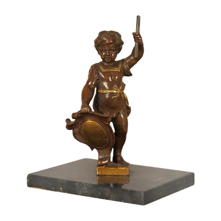 Antique Bronze Putti Sculpture with Shield and Staff on Marble Base ...
