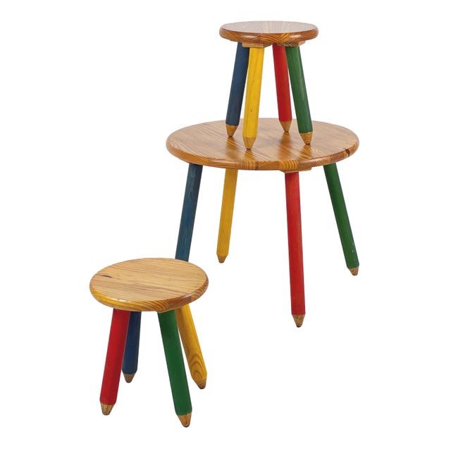 Vintage 1980s Memphis Style Wood Pencil Leg Children's Table + (2 ...