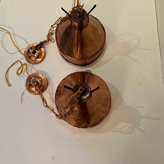 Pair of Antique Copper Milk Funnel Electrified Light Fixtures | Chairish