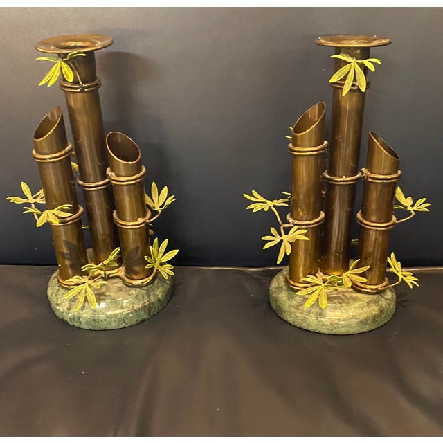 Bamboo Shape Metal Candlesticks - a Pair | Chairish