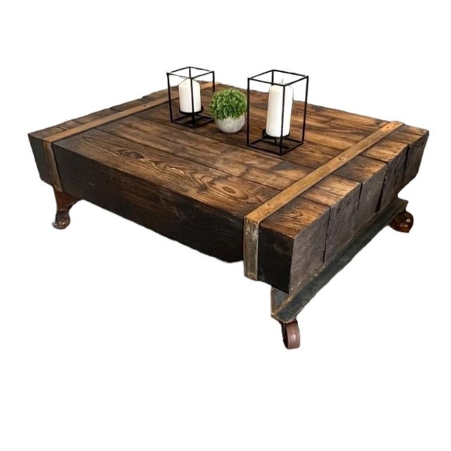 Vintage Coffee Table with Iron and Steel Beams and Wooden Blocks on ...