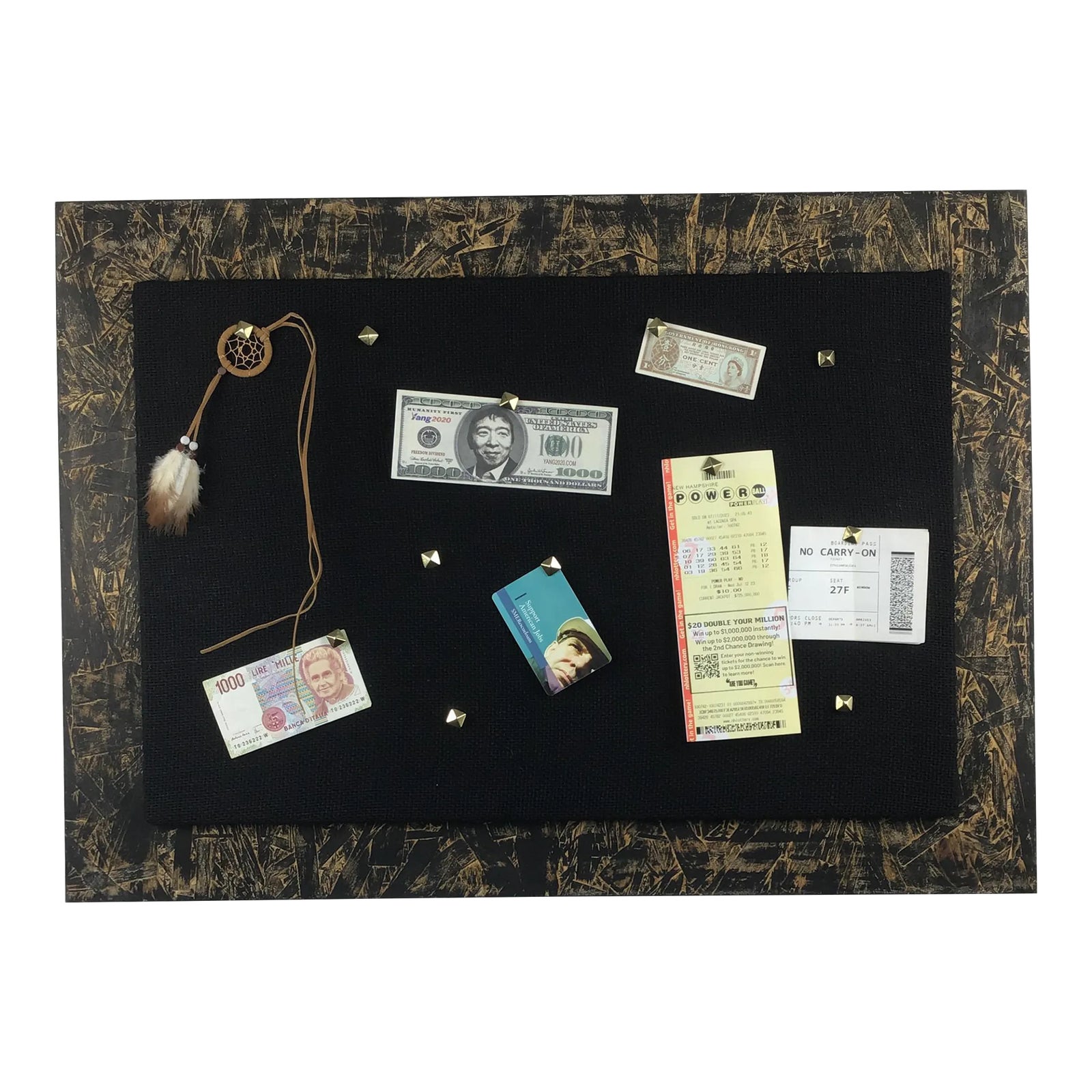Artisan Ink Stained Wood and Burlap Bulletin Board With Pushpins | Chairish